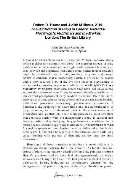 (PDF) Review of Robert D. Hume and Judith Milhous. The Publication of ...