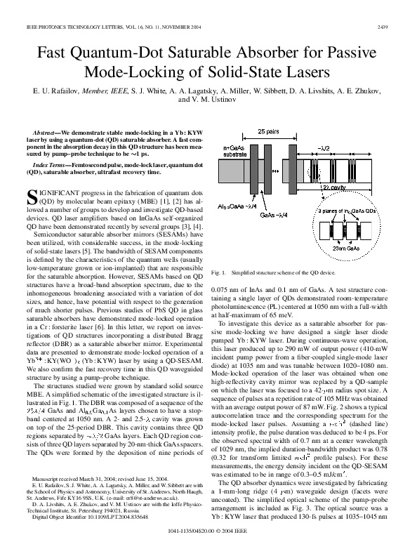 (PDF) Fast Quantum-Dot Saturable Absorber for Passive Mode-Locking of Solid-State Lasers
