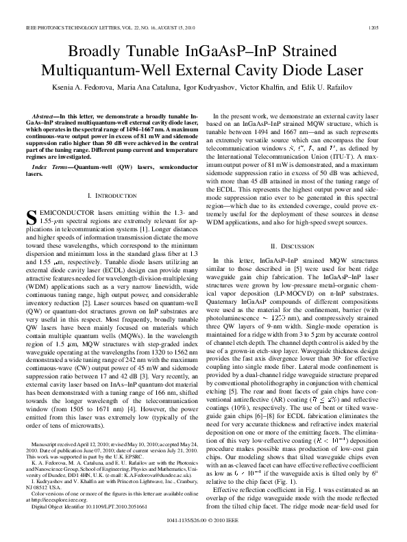 (PDF) Broadly Tunable InGaAsP InP Strained Multiquantum-Well External Cavity Diode Laser