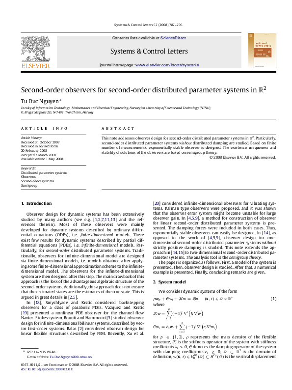 Pdf Second Order Observers For Second Order Distributed Parameter
