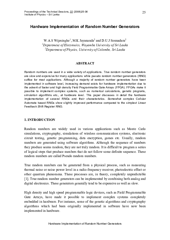 (PDF) Hardware implementation of random number generators