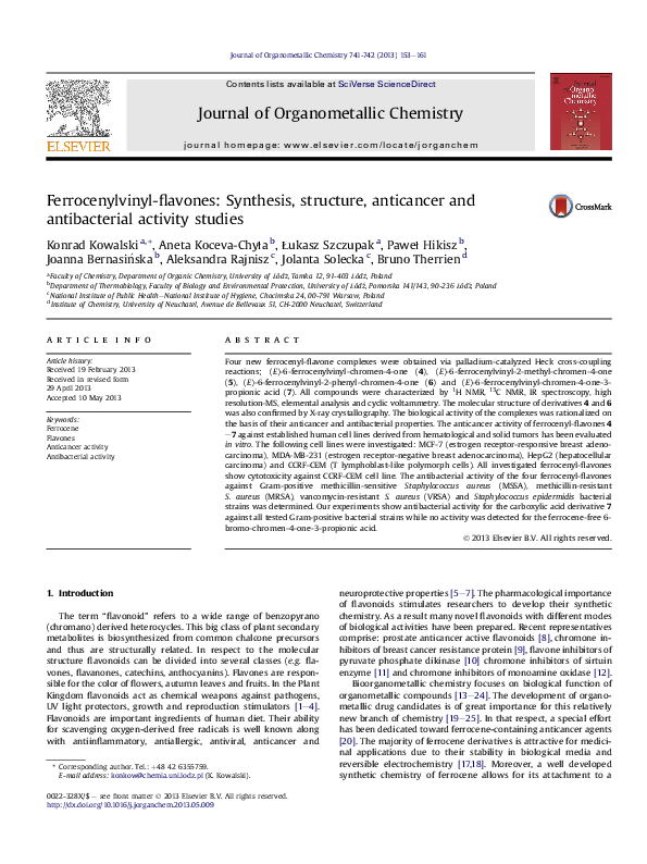 (PDF) Ferrocenylvinyl-flavones: Synthesis, structure, anticancer and antibacterial activity studies
