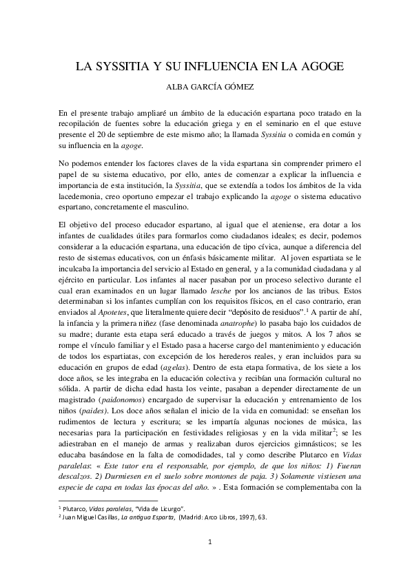 (DOC) La Syssitia y su influencia en la agoge