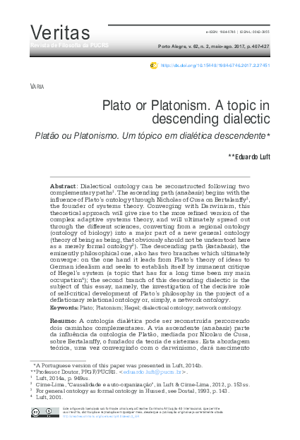 (PDF) Plato or Platonism. A topic in descending dialectic (2017)