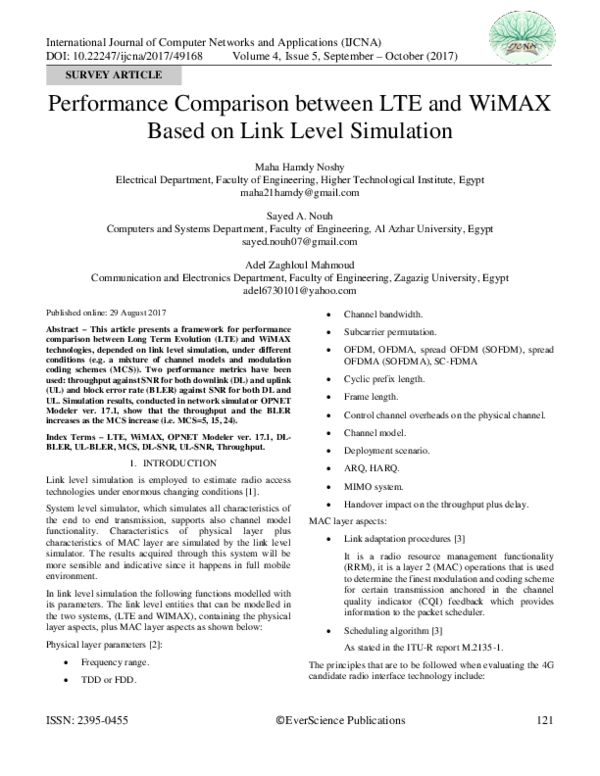 Pdf Performance Comparison Between Lte And Wimax Based On Link Level Simulation