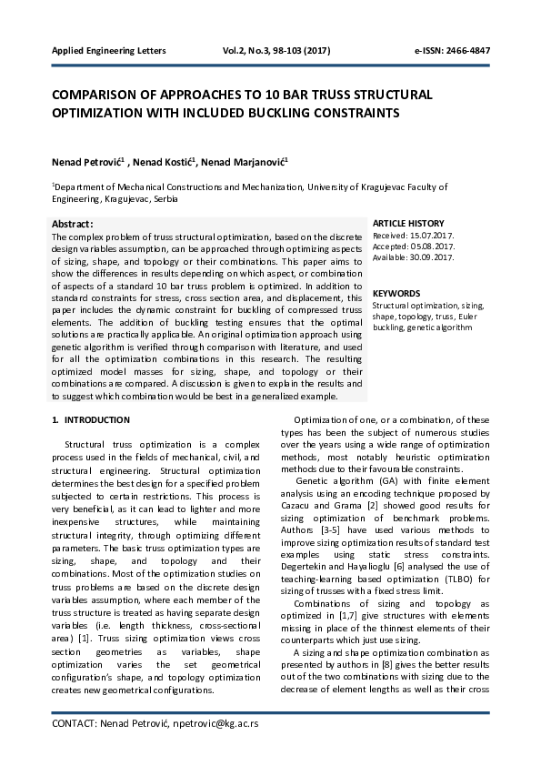 (PDF) COMPARISON OF APPROACHES TO 10 BAR TRUSS STRUCTURAL OPTIMIZATION ...