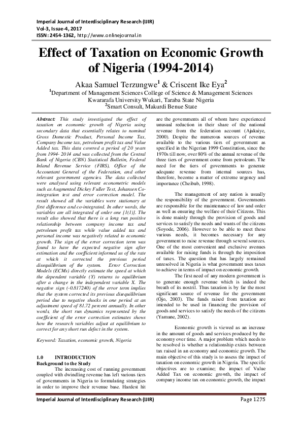 (PDF) Effect of Taxation on Economic Growth of Nigeria (1994-2014