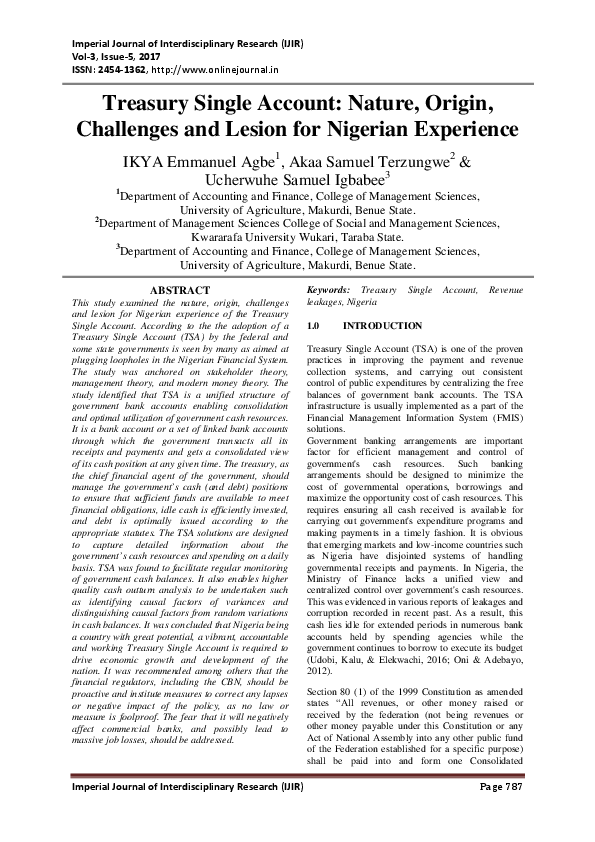 (PDF) Treasury Single Account: Nature, Origin, Challenges and Lesion ...