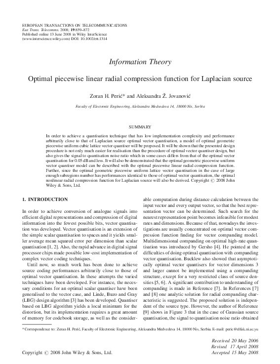 Pdf Optimal Piecewise Linear Radial Compression Function For Laplacian Source Aleksandra C