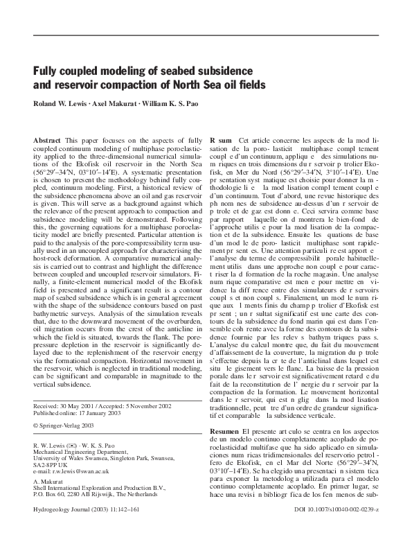 (PDF) Fully coupled modeling of seabed subsidence and reservoir compaction of North Sea oil fields