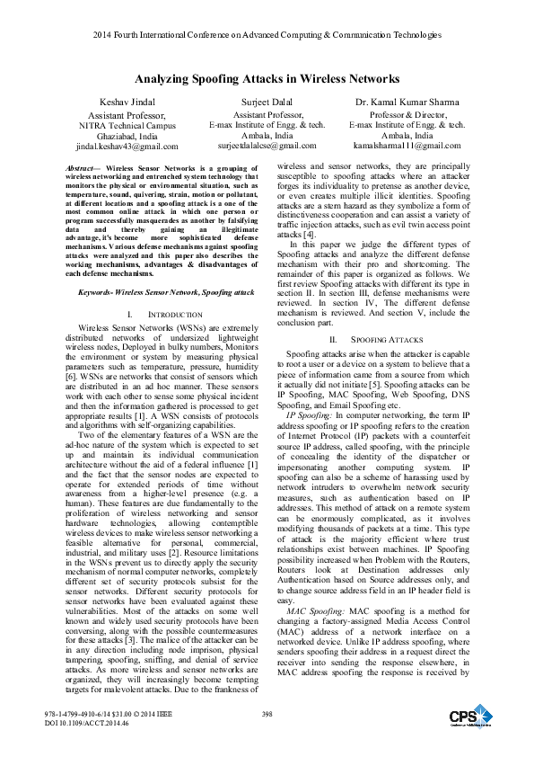 Pdf Analyzing Spoofing Attacks In Wireless Networks