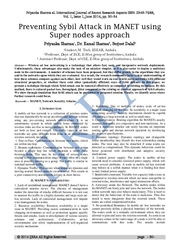 (PDF) Preventing Sybil Attack in MANET using Super nodes approach