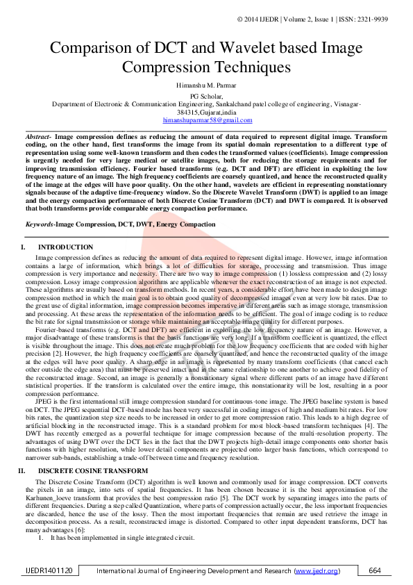 (PDF) Comparison of DCT and Wavelet based Image Compression Techniques (PDF) Comparison of DCT and Wavelet based Image Compression Techniques