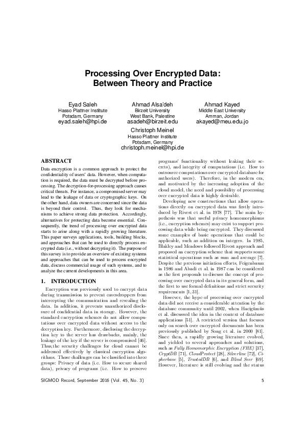 (PDF) Processing Over Encrypted Data: Between Theory and Practice