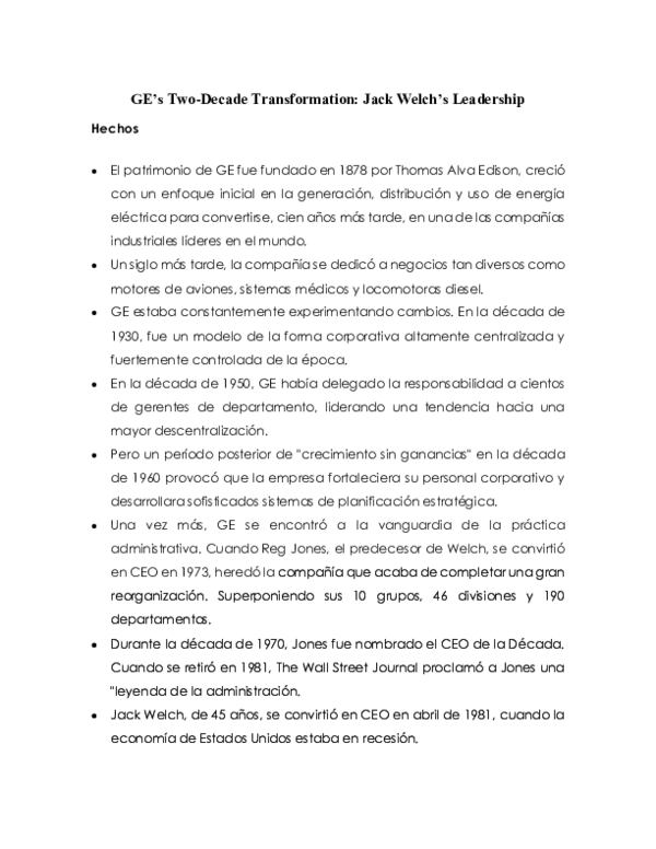 (DOC) GE's Two-Decade Transformation: Jack Welch's Leadership