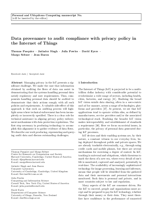 (PDF) Data provenance to audit compliance with privacy policy in the ...