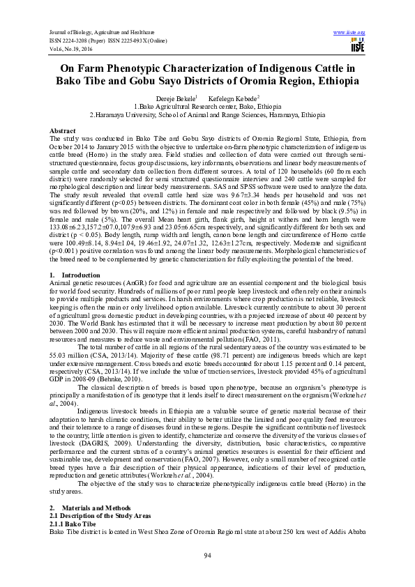 (PDF) On Farm Phenotypic Characterization of Indigenous Cattle in Bako Tibe and Gobu Sayo ...