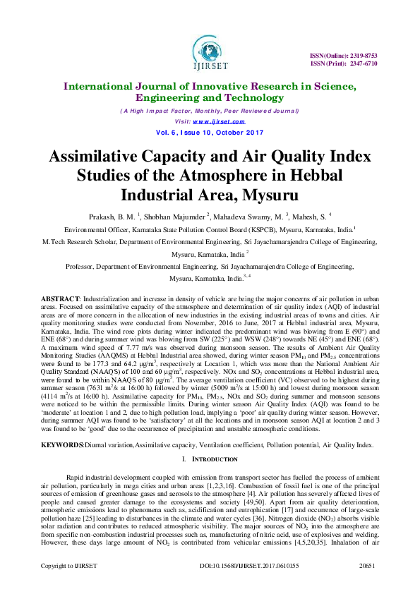 (PDF) Assimilative Capacity and Air Quality Index Studies of the ...