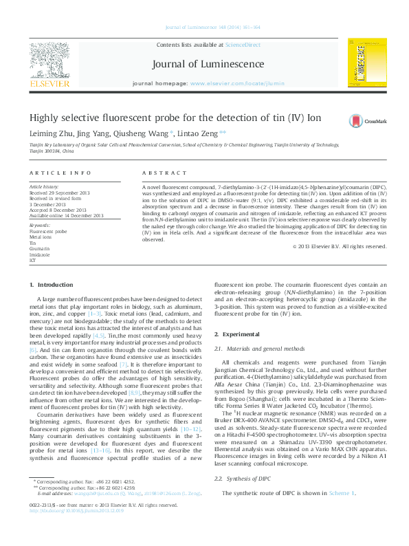 Pdf Highly Selective Fluorescent Probe For The Detection Of Tin Iv Ion