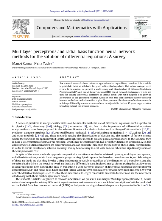 Pdf Multilayer Perceptrons And Radial Basis Function Neural Network Methods For The Solution