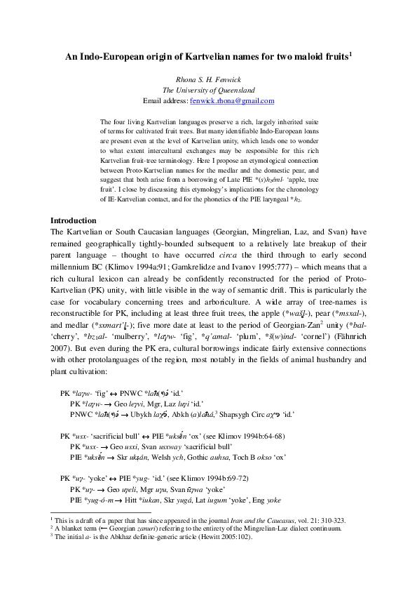 (PDF) An Indo-European origin of Kartvelian names for two maloid fruits