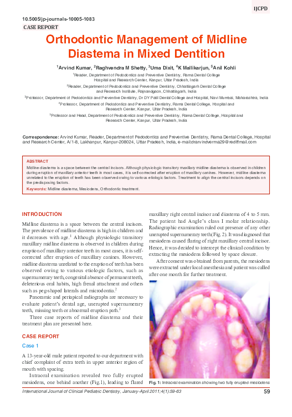 (PDF) Orthodontic Management of Midline Diastema in Mixed Dentition