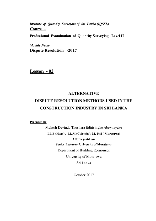 (DOC) ADR methods used for construction industry sri lanka