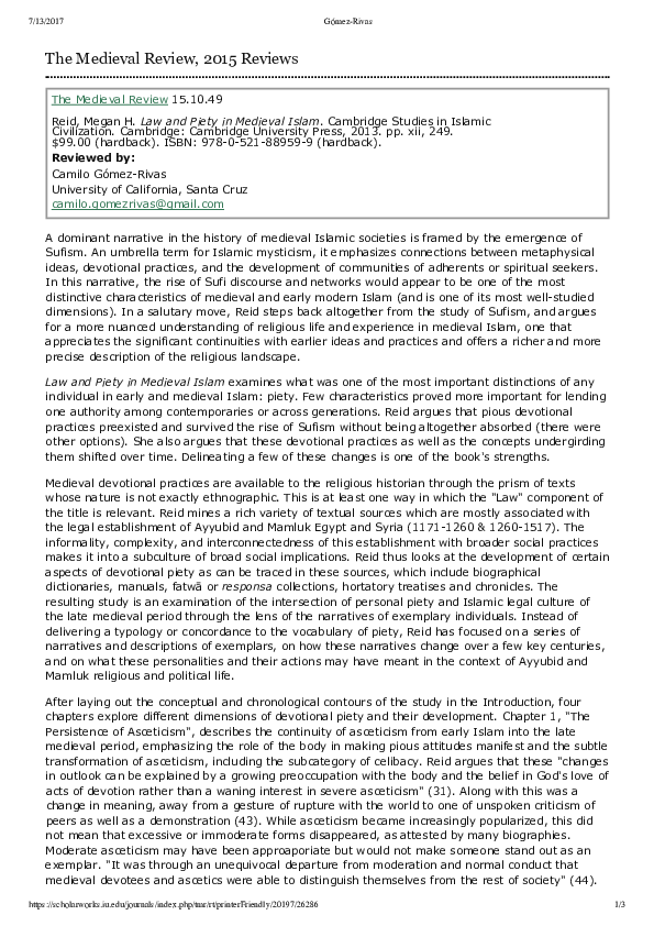 (PDF) Reid, Law and Piety in Medieval Islam