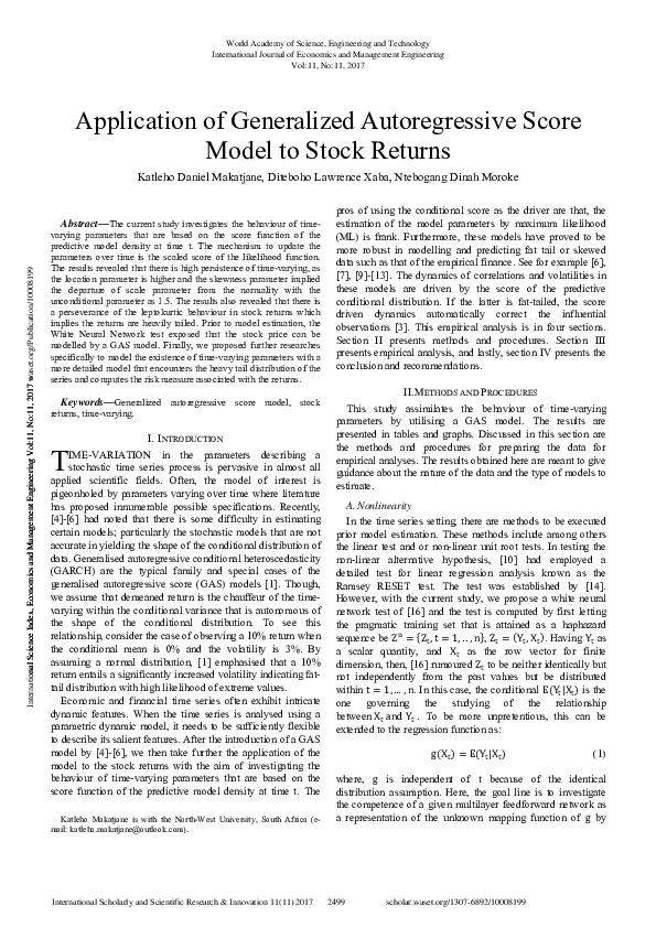 Pdf Application Of Generalised Autoregressive Score Model To Stock