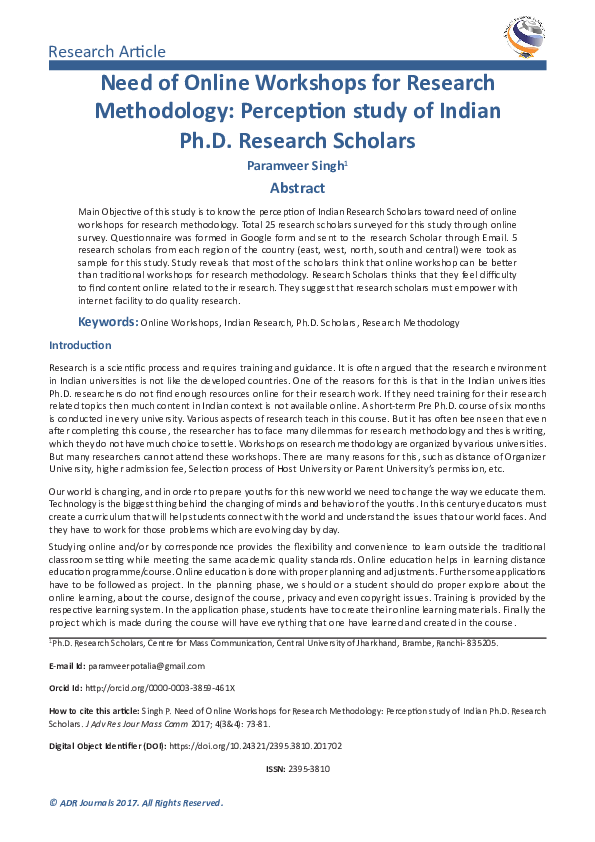 (PDF) Need of online workshops for research Methodology: A Perception ...
