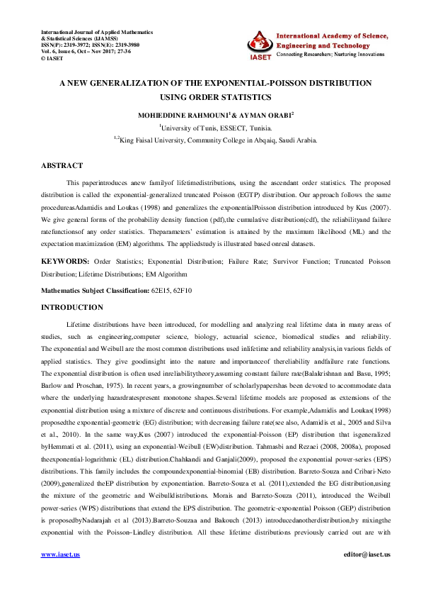Pdf A New Generalization Of The Exponential Poisson Distribution Using Order Statistics