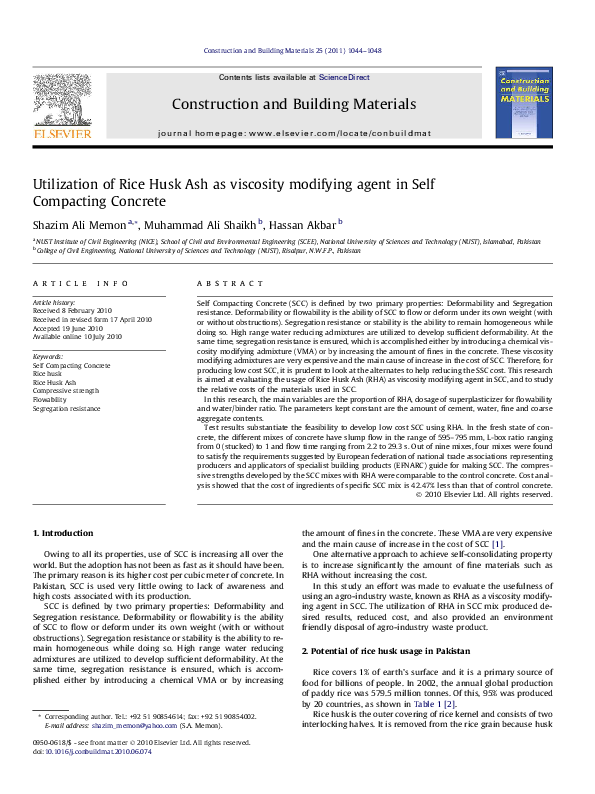 Pdf Utilization Of Rice Husk Ash As Viscosity Modifying Agent In Self Compacting Concrete