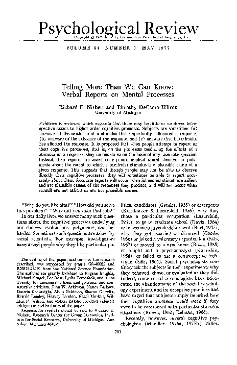 (PDF) Psychological Review Telling More Than We Can Know: Verbal ...