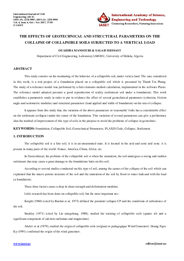 (PDF) THE EFFECTS OF GEOTECHNICAL AND STRUCTURAL PARAMETERS ON THE COLLAPSE OF COLLAPSIBLE SOILS ...