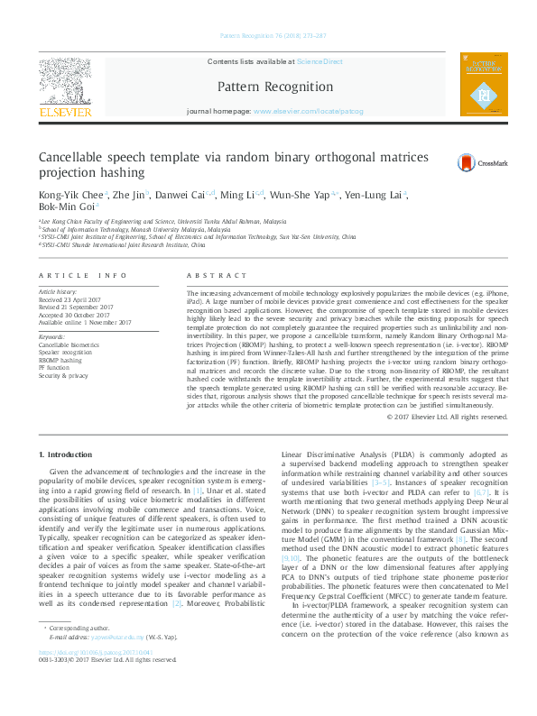 Pdf Cancellable Speech Template Via Random Binary Orthogonal Matrices