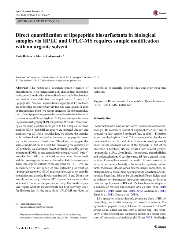 (PDF) Direct quantification of lipopeptide biosurfactants in biological ...