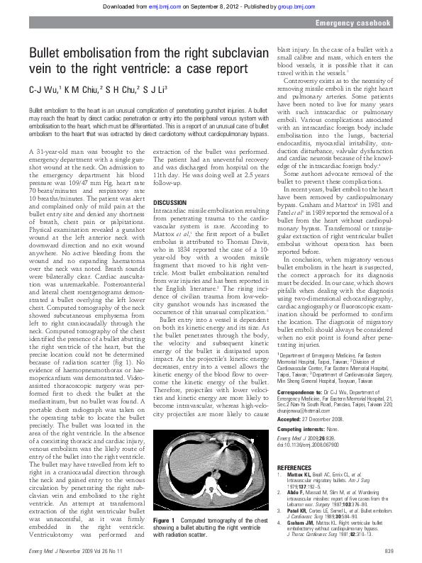 (PDF) Bullet embolisation from the right subclavian vein to the right ...
