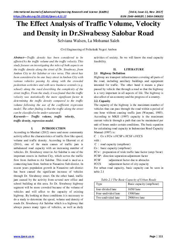 (PDF) The Effect Analysis of Traffic Volume, Velocity and Density in Dr.Siwabessy Salobar Road