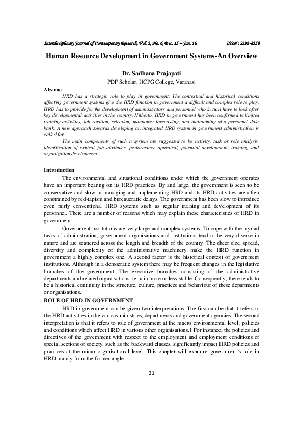 (PDF) Human Resource Development in Government Systems-An Overview