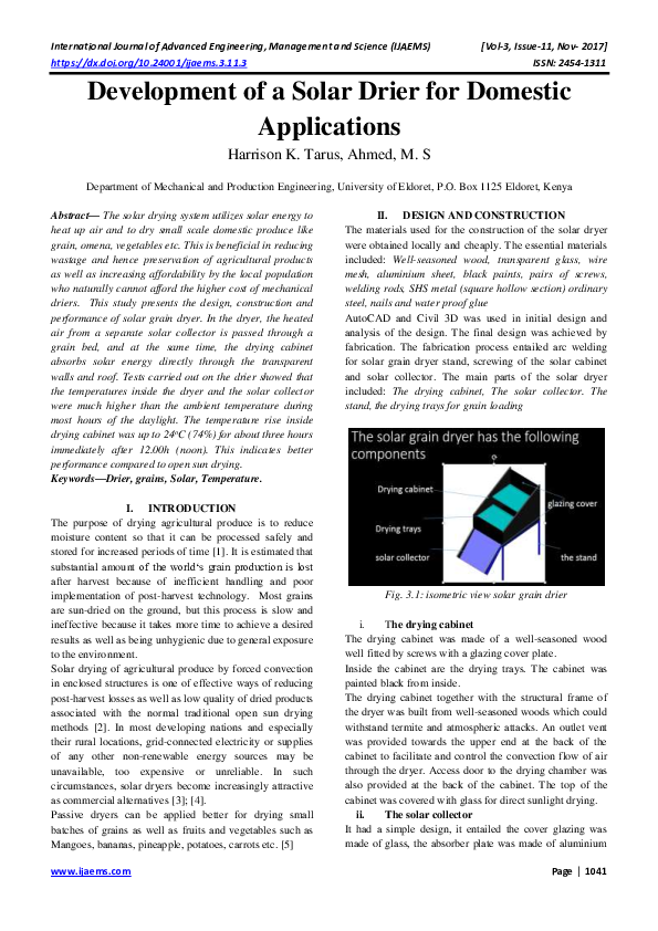 (PDF) Development of a Solar Drier for Domestic Applications