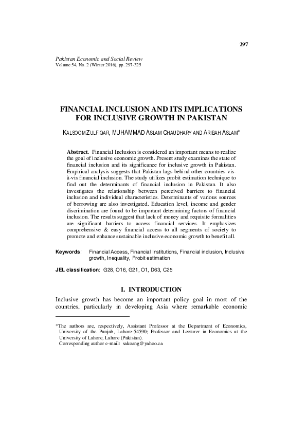 (PDF) FINANCIAL INCLUSION AND ITS IMPLICATIONS FOR INCLUSIVE GROWTH IN ...
