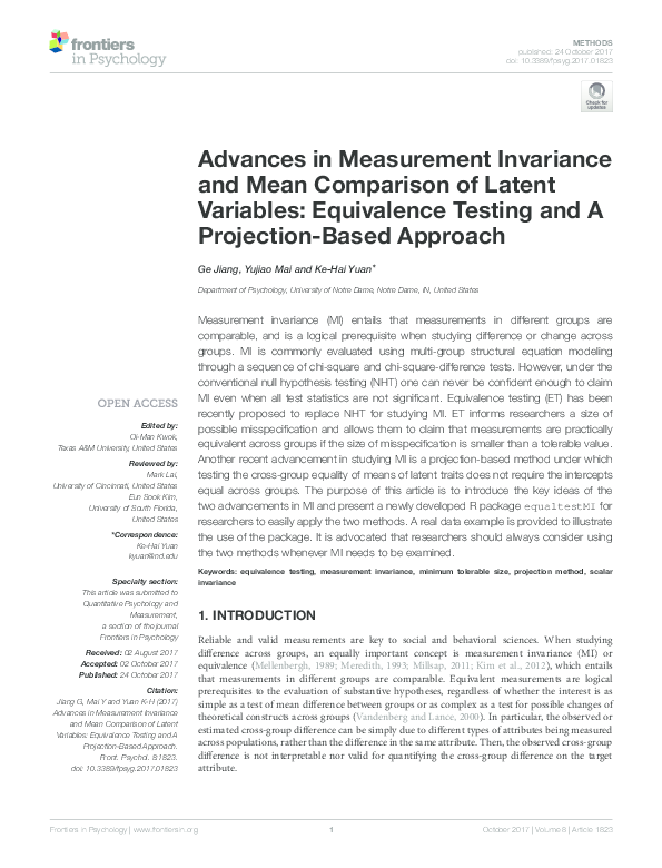 (PDF) Advances in Measurement Invariance and Mean Comparison of Latent Variables: Equivalence ...