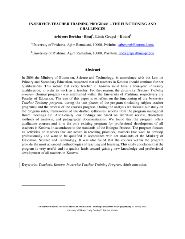 (PDF) IN-SERVICE TEACHER TRAINING PROGRAM – THE FUNCTIONING AND CHALLENGES