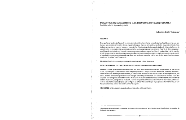 (PDF) De la ética del cuidado de sí a la propuesta crítica en Foucault