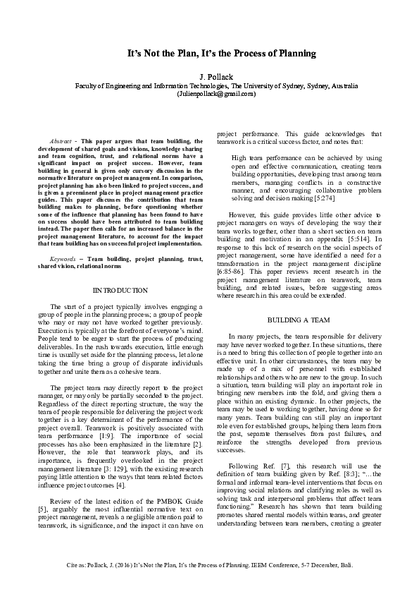 (PDF) It's Not the Plan, It's the Process of Planning