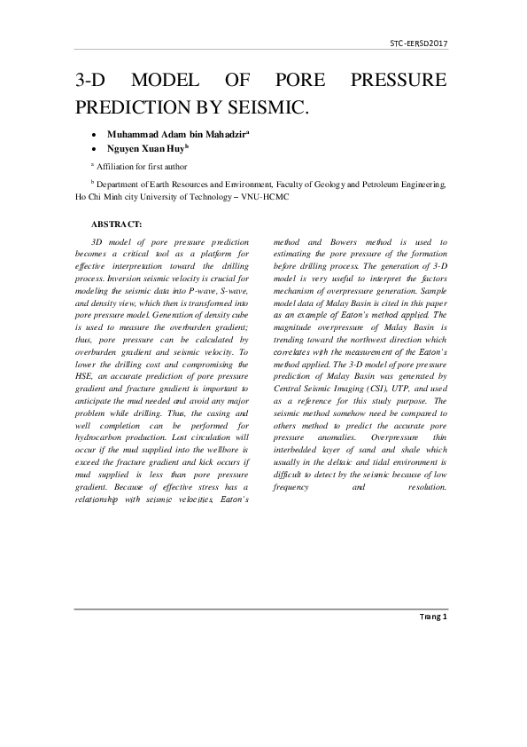 (PDF) 3-D MODEL OF PORE PRESSURE PREDICTION BY SEISMIC