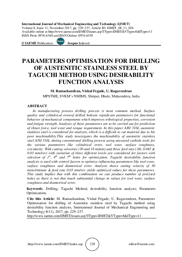 Pdf Parameters Optimisation For Drilling Of Austenitic Stainless Steel By Taguchi Method Using