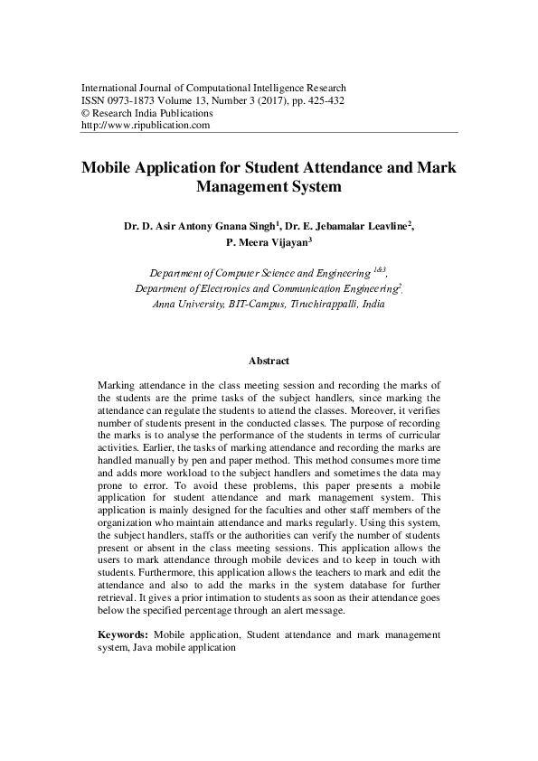 (PDF) Mobile Application for Student Attendance and Mark Management System