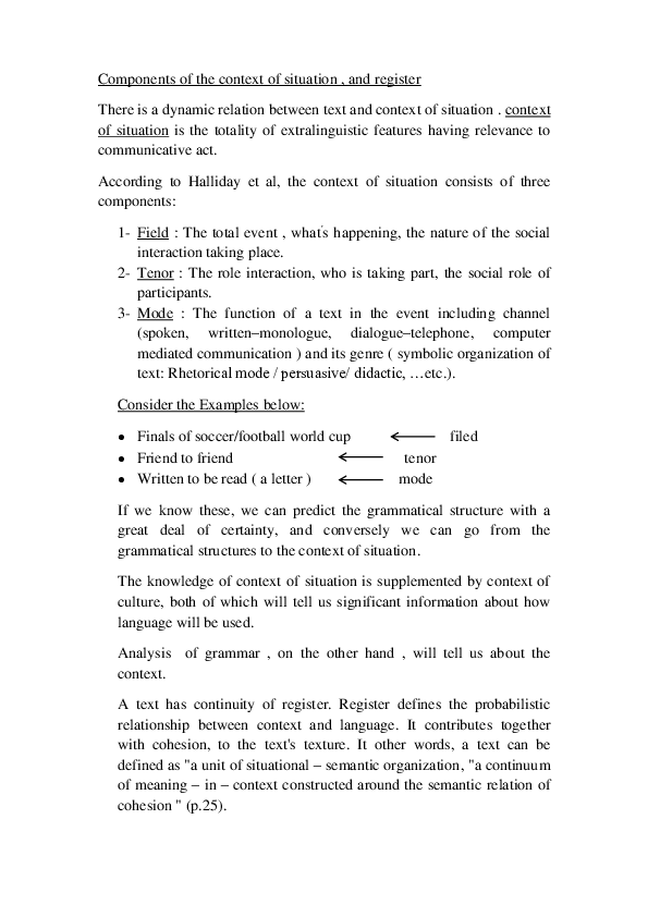 (DOC) Components of the context of situation , and register