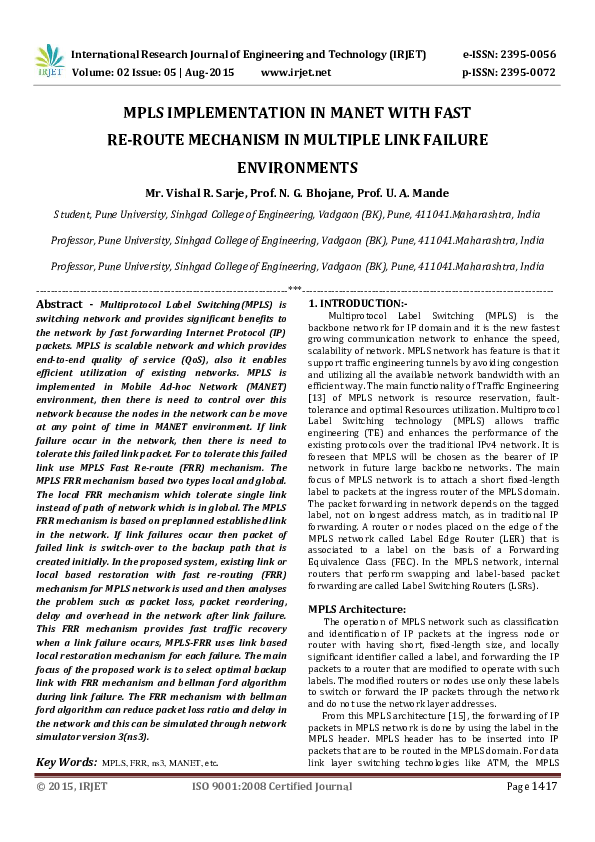 (PDF) MPLS IMPLEMENTATION IN MANET WITH FAST RE-ROUTE MECHANISM IN MULTIPLE LINK FAILURE ...